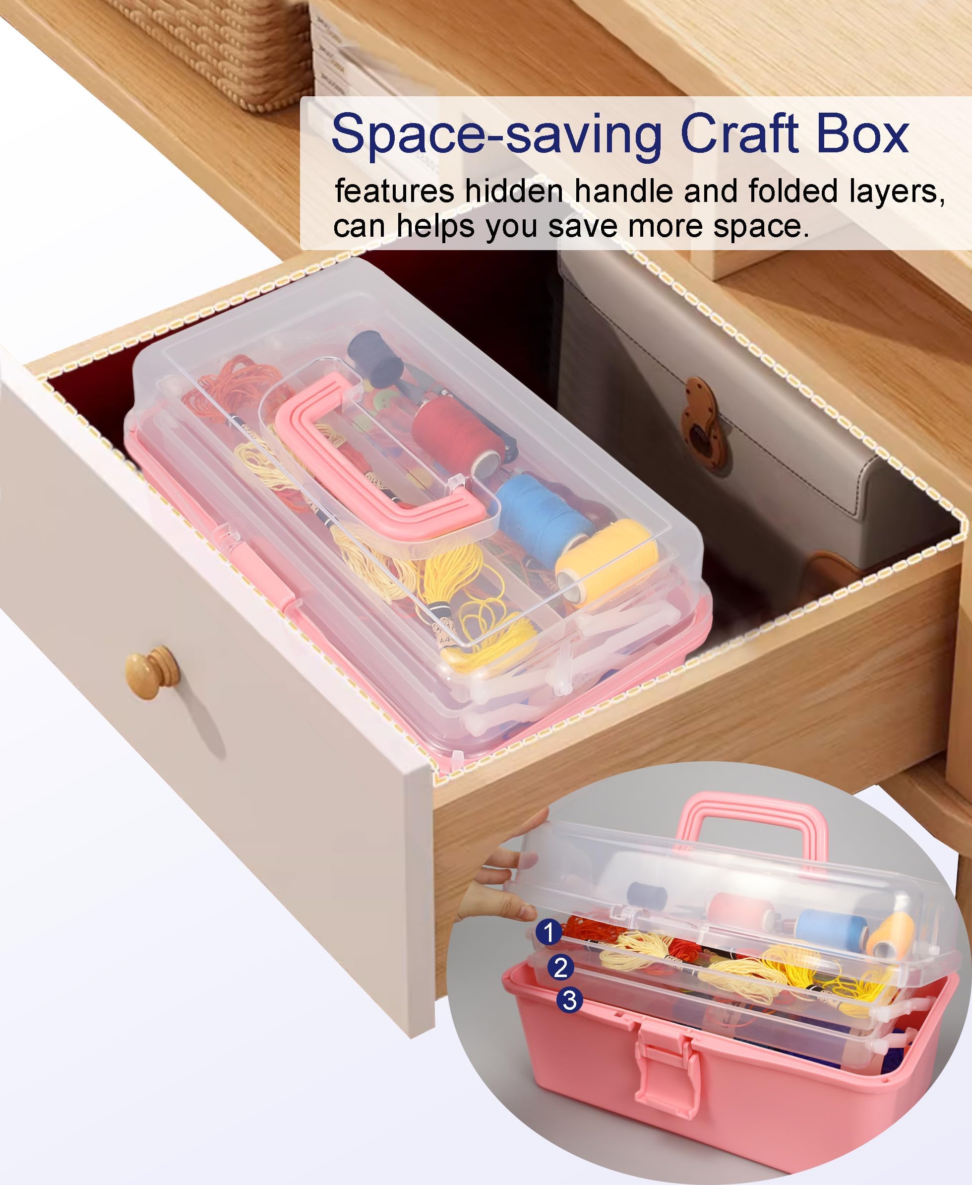 Eujqo Tackle Box Organizer Pink Craft Storage Organizers 3-layer Craft Box Medicine Box Sewing Box Hair Accessories Organizer for Girls Jewelry Box Makeup Organizer Small Plastic Tool Box with Handle