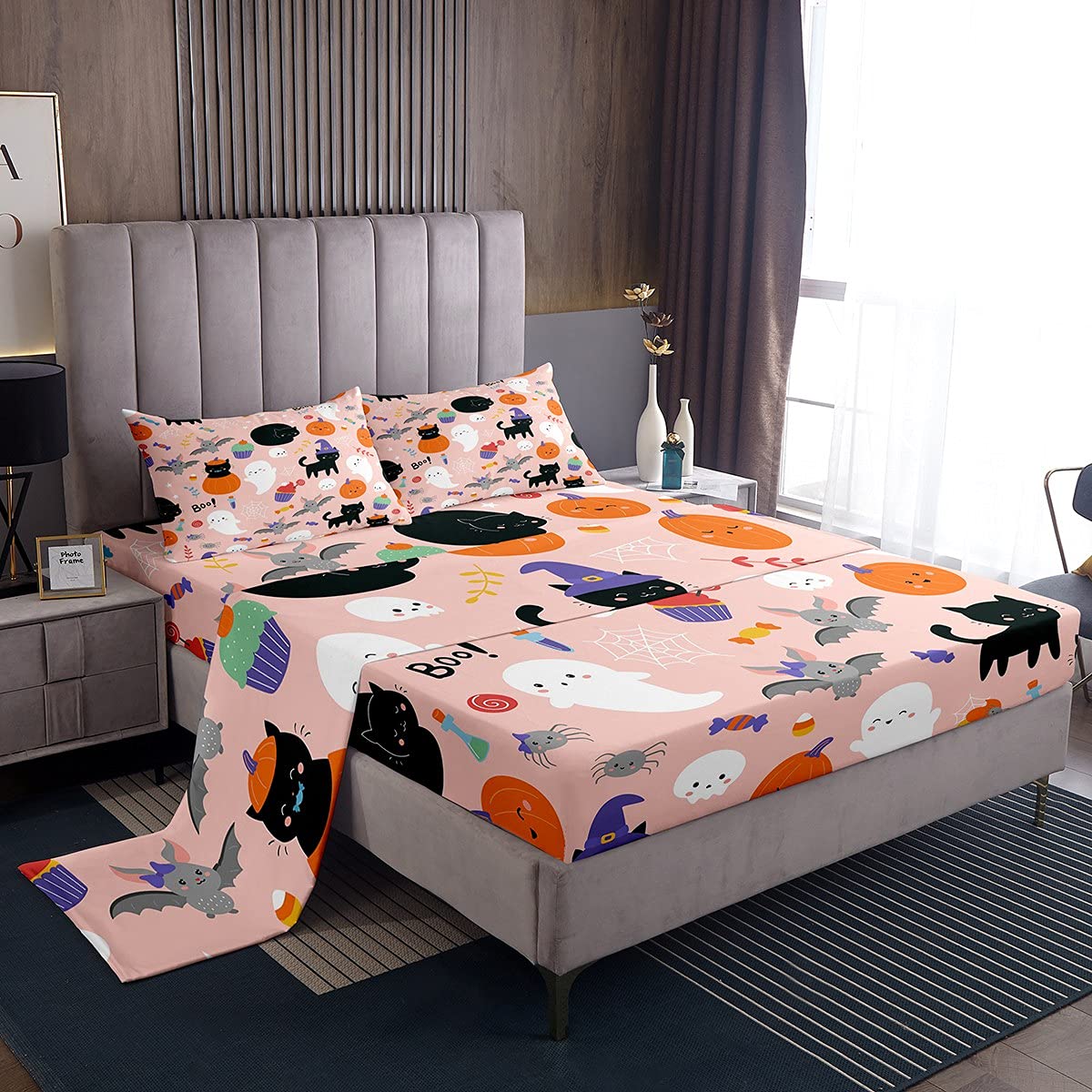 Erosebridal Happy Halloween Bedding Set Full Size Pumpkin Lantern Fitted Sheet, Cobwebs Castle Bed Sheet Set Spooky Cat Bat Bed Cover for Boys Girls Halloween Decor Halloween Decorations