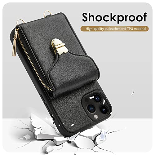 JLFCH ROMIELA Series iPhone 14 Pro Wallet Case, Crossbody Chain Strap Case Zipper Leather Purse RFID Blocking with Card Holder Lanyard Women Protective for Apple iPhone 14 Pro, 6.1 inch - Black