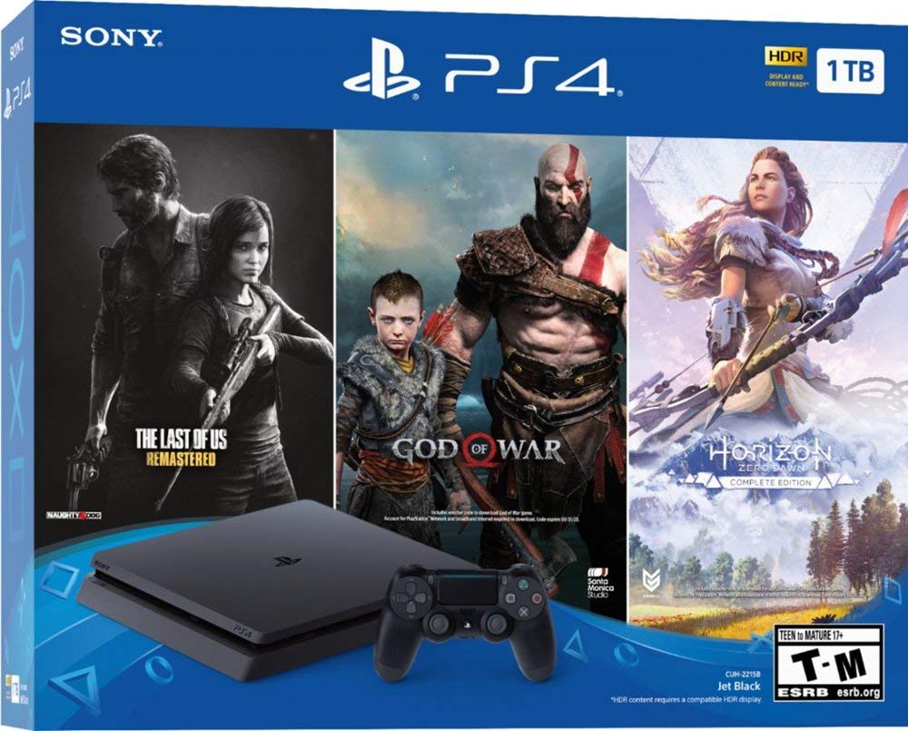PlayStation 4 Slim 2TB Only on PlayStation Console Bundle | Bundle : God of War Game Voucher,Horizon Zero Dawn: Complete Edition Voucher,The Last of Us Remastered Game | Jet Black