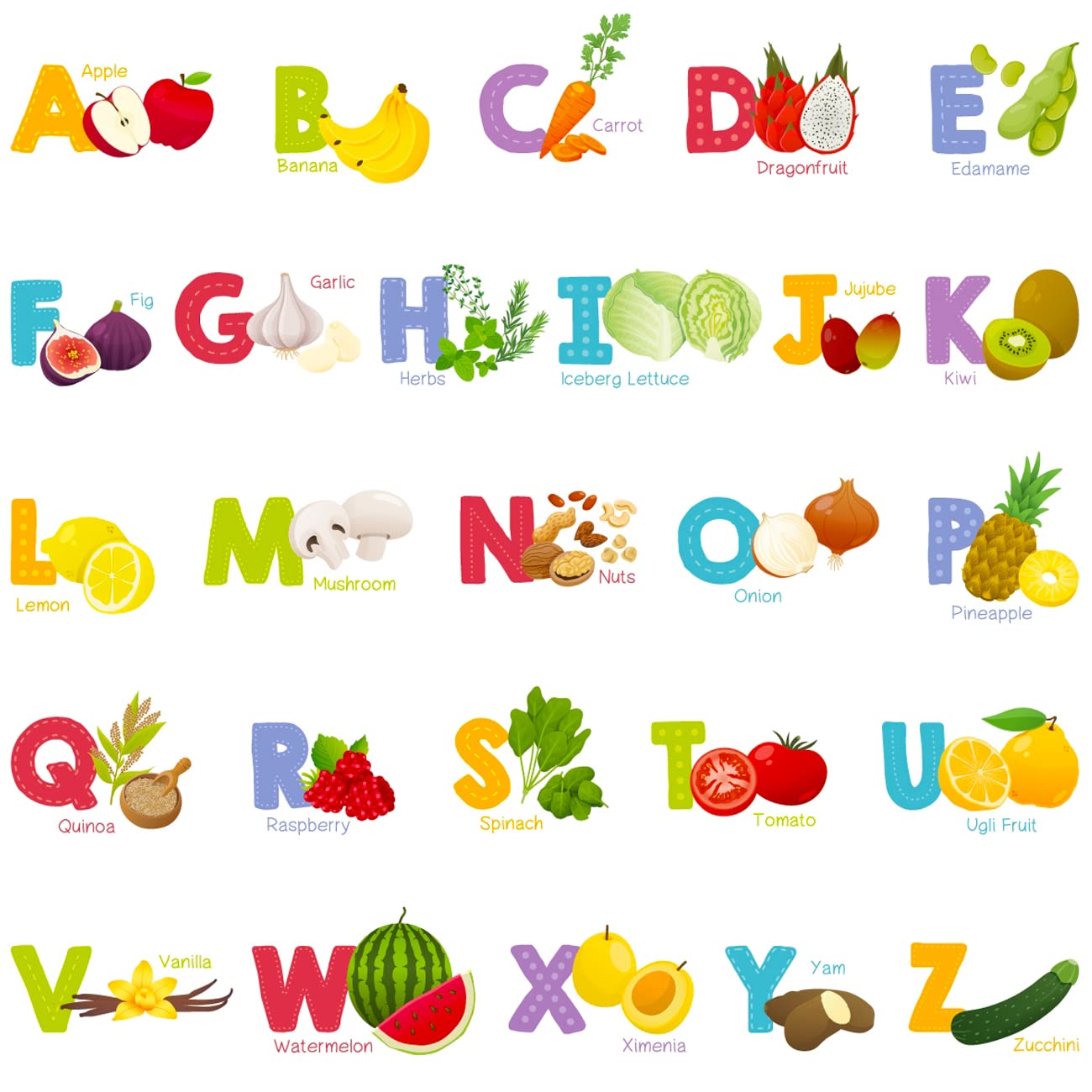 DECOWALL DS-8031 Fruit and Vegetable Alphabet Kids Wall Stickers Wall Decals Peel and Stick Removable Wall Stickers for Kids Nursery Bedroom Living Room (Small) décor