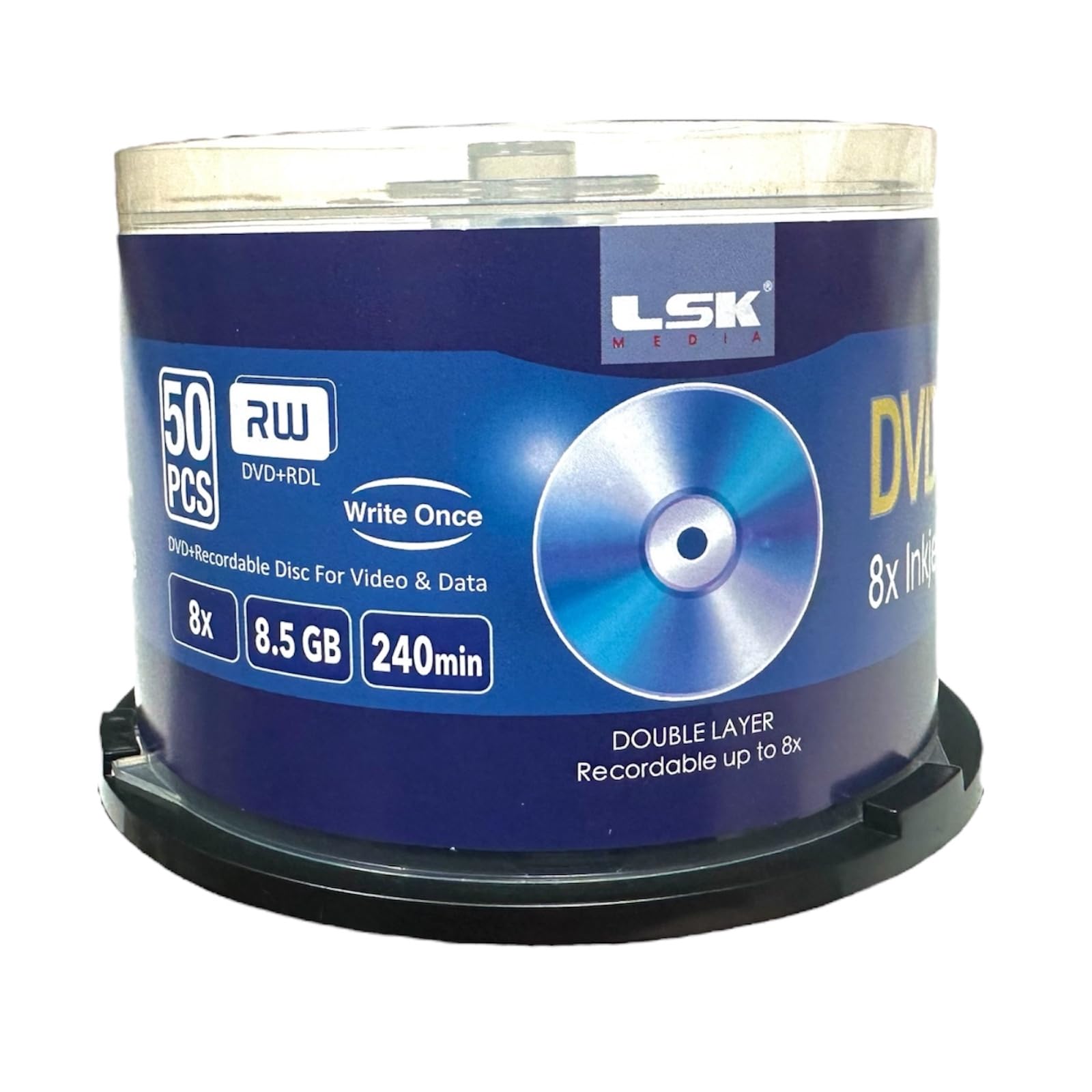 DVD+R DL Double Layer 8X 8.5GB 240min Video, White Inkjet Printable, by LSK Media, 50 Pack in Spindle | Blank DVDs for Burning Video | DVD Discs Blank | Recordable DVDs