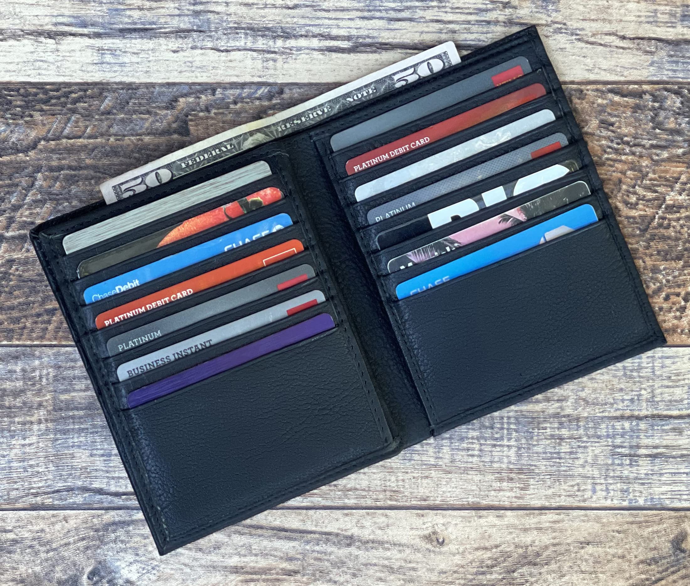 Texan Bull Bifold Genuine Leather RFID Blocking Wallet For Men Card Slots, 19 Cards, 2 ID Windows (Black)