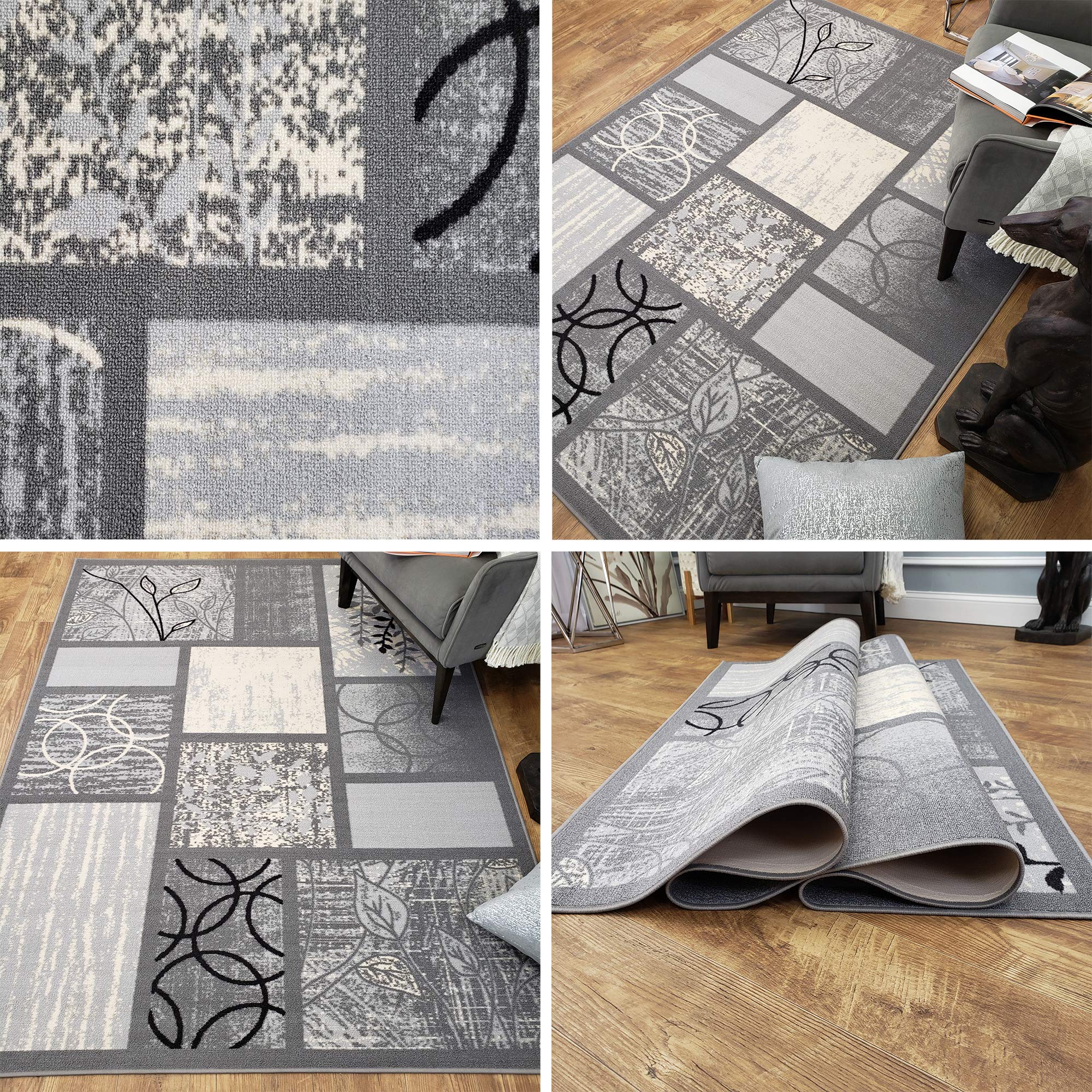 Indoor Doormat Rubber Backed,30 inch x 18 in, Grey Geometric, Non Slip, Kitchen Rugs and Mats