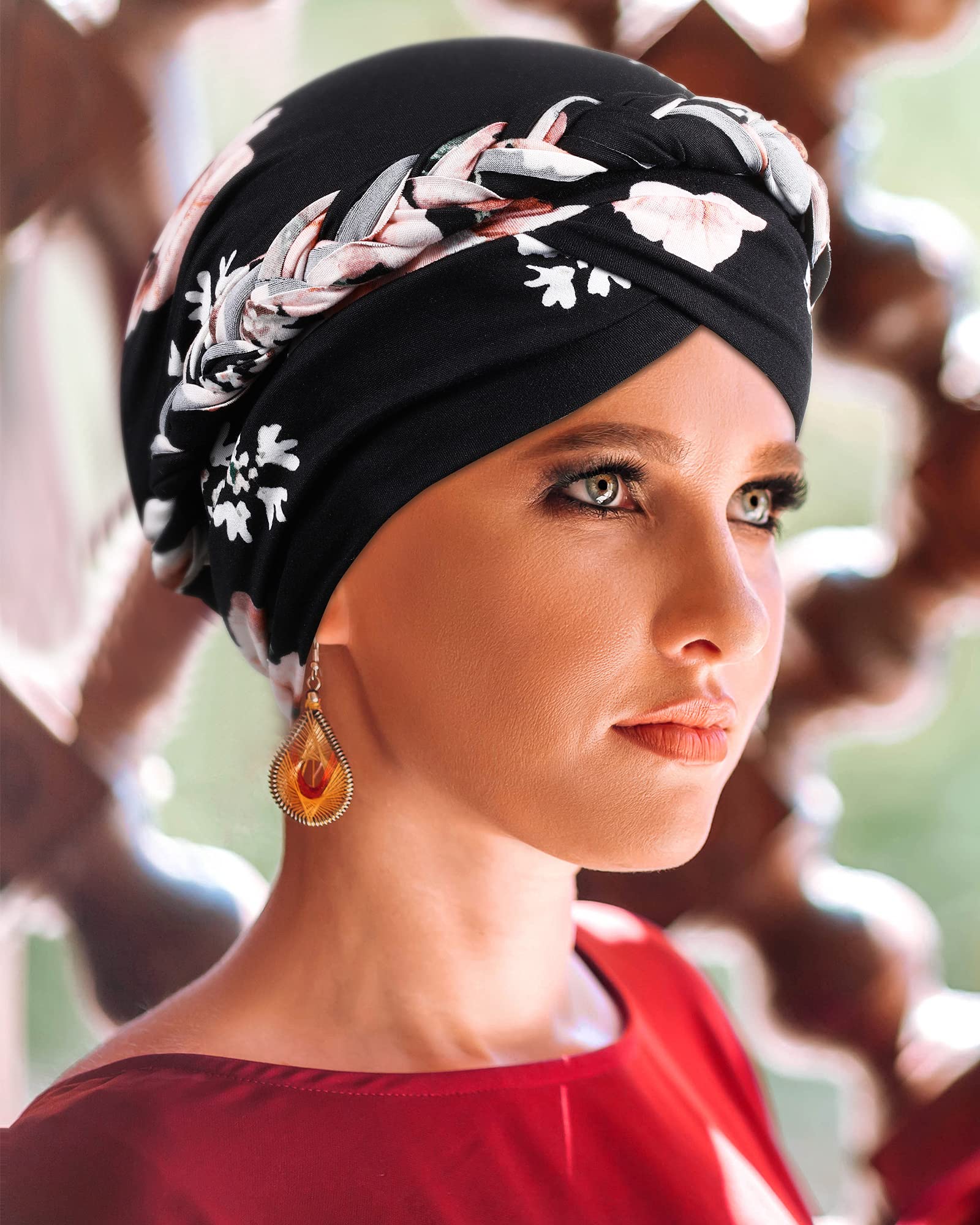 SATINIOR 4 Pieces African Women Turban Cap Head Wraps Beaded Headscarf Beanie Wrap (Camouflage Color,Camouflage Style)