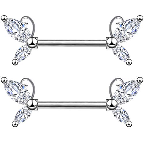 CHARM ONLINE 2PCS 14G 316L Stainless Steel Clear (Butterfly CZ Nipple Rings Barbell Crystal Nipple Piercings Jewelry for Women)
