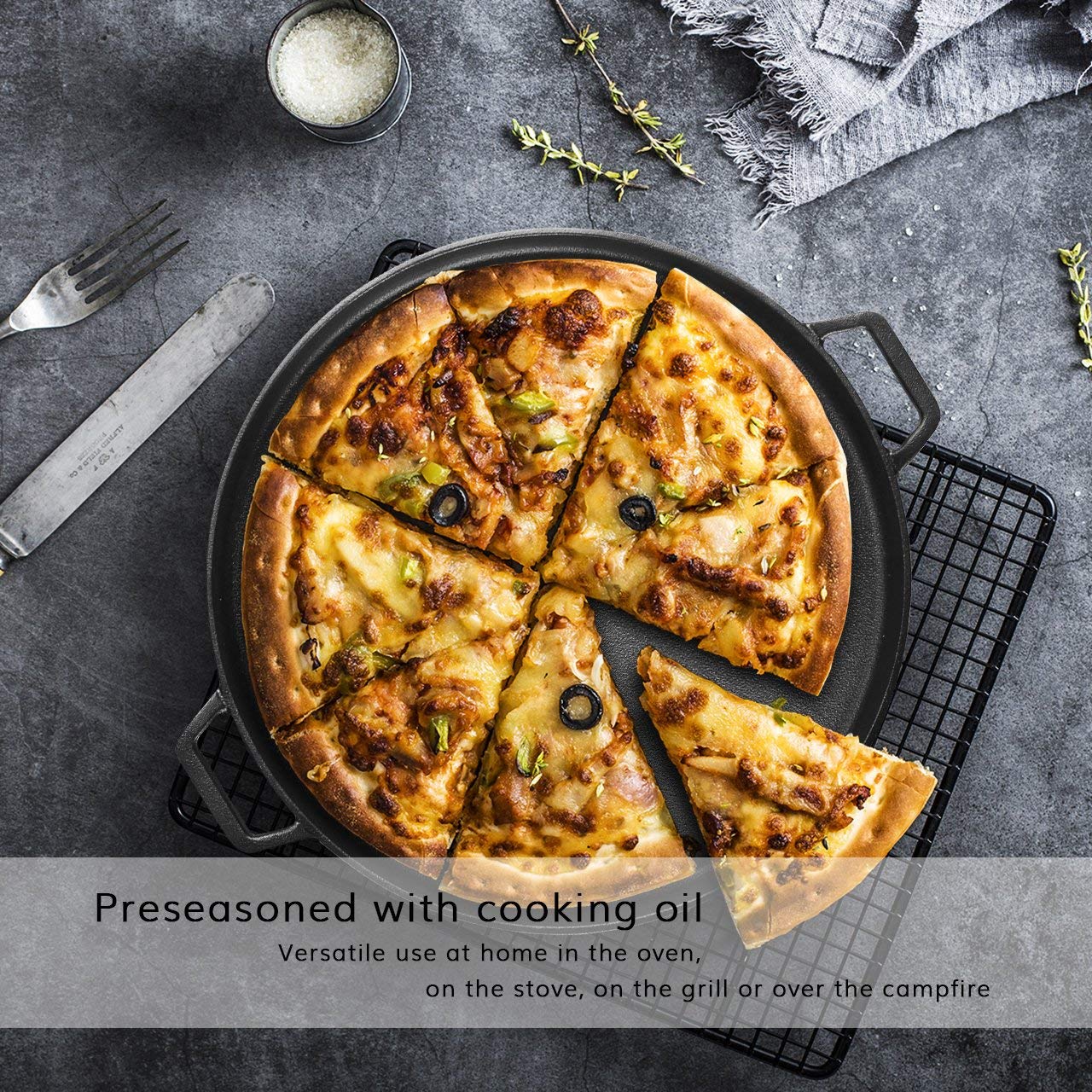 Cuisiland 13.5" Pre-Seasoned Cast Iron Pizza and Baking Pan (35cm Diameter) for- Stove, Oven, Grill or Campfire