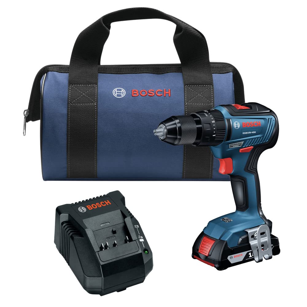 Bosch GSB18V-490B12-RT 18V EC Brushless Lithium-Ion 1/2 in. Cordless Hammer Drill Driver Kit (2 Ah) (Renewed)