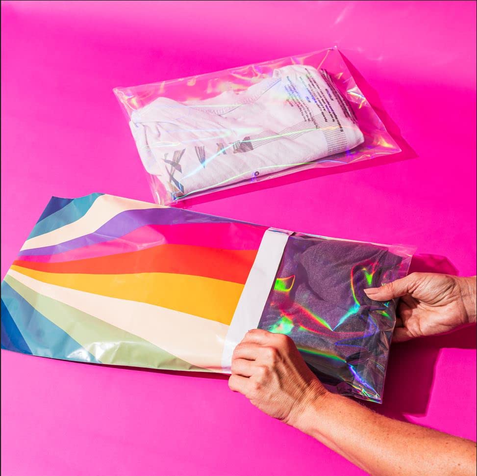 BRONKS - 14" X 20" (100 Pack) Holographic Clear Resealable Cellophane Bags with Suffocation Warning - Fits 14x20 clothing, Photos, Prints, Documents - Self Seal (Iridescent)