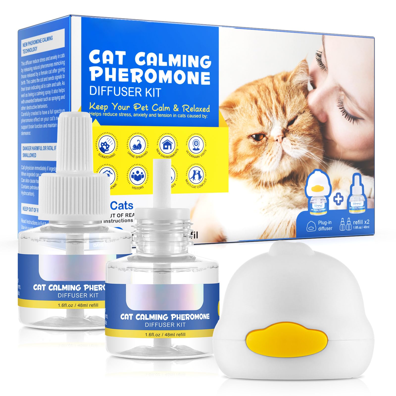 FRDUGA Cat Calming Pheromone Diffuser,Enhanced Cat Calming Diffuser Kit for Cat Anxiety Relief, 2 in 1 Cat Calming Starter Kit (Diffuser Head + 48ml Vial) for 30 Days Use (2 Packs)