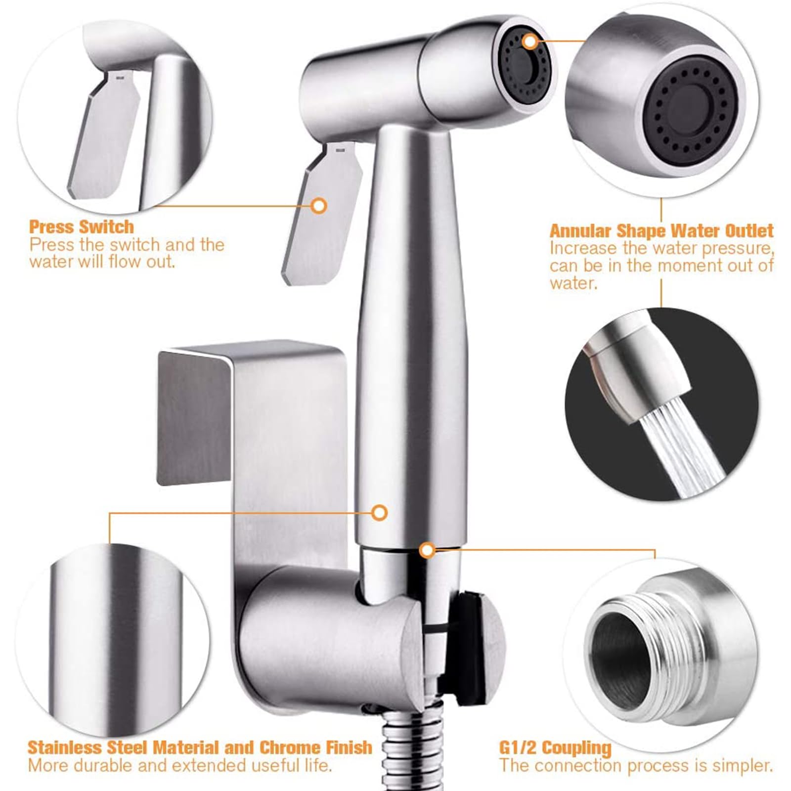 Handheld Bidet Sprayer Kit-Stainless Steel Douche Muslim Shower Spray with Hose Bidet Holder Valve for Toilet Cleaning, Pet Bath, Personal Hygiene (Includes T-Adapter)