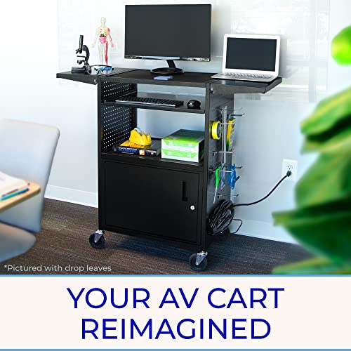 Line Leader Stellar AV Cart | Computer Cart with Pegboard Siding & 12 Hooks for Customizable Storage | Locking Cabinet & Pullout Keyboard Tray | UL Safety Certified Power Outlets | Locking Wheels