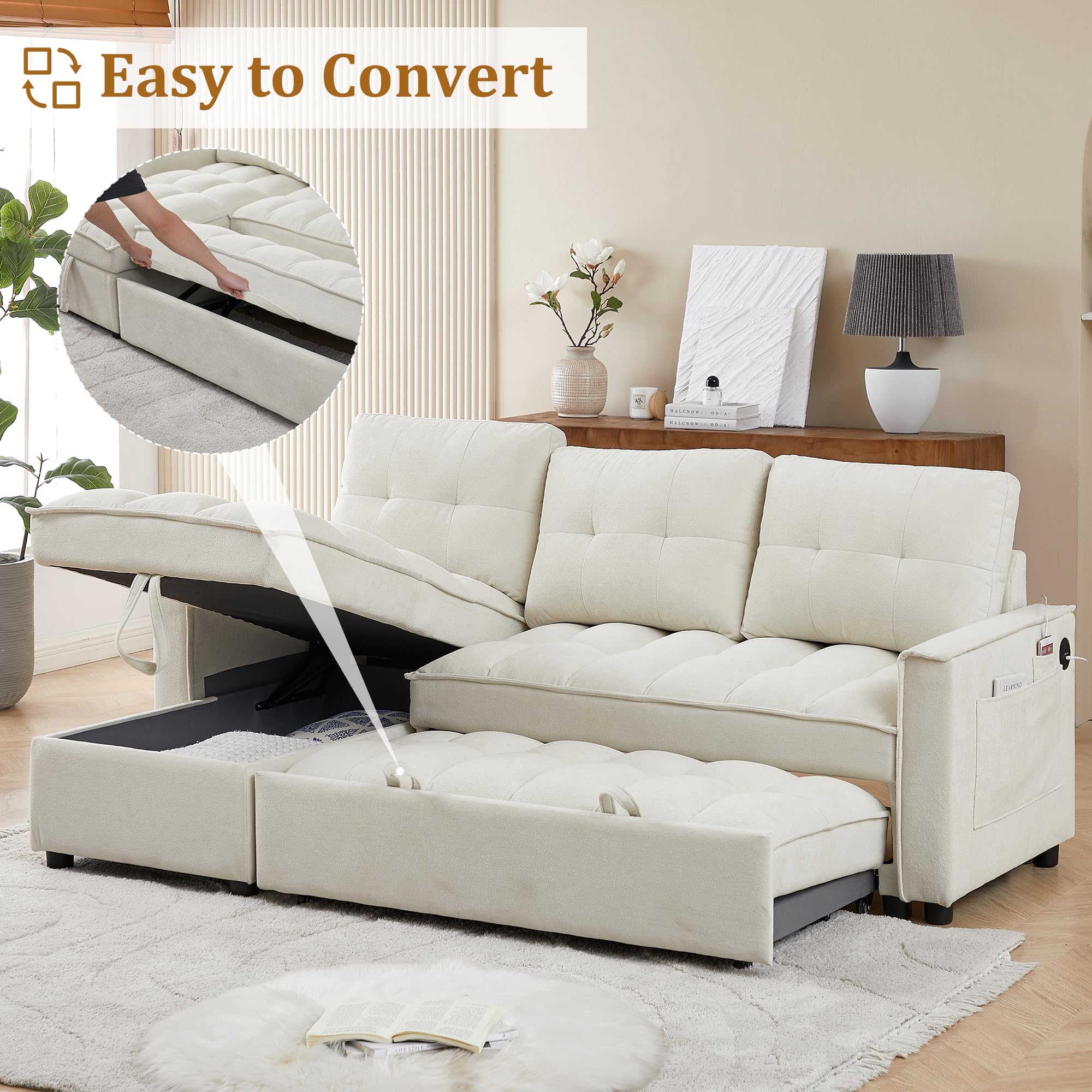 GNIXUU Sleeper Sofa Bed, 78.7" Pull-Out Couch Bed with USB and Tape-C Ports, Tufted L Shape Convertible Sectional Sofa with Storage Chaise for Living Room, Apartment, Small Spaces, Office, Beige