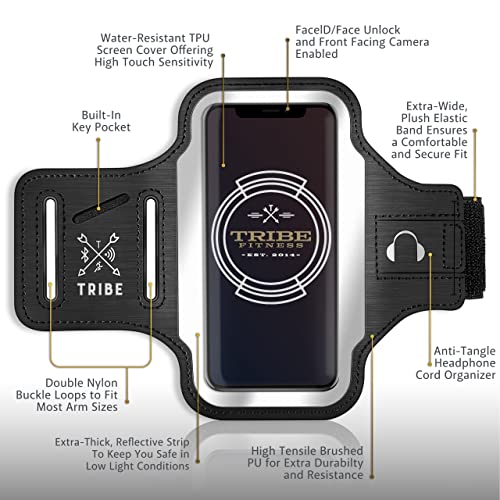 TRIBE Running Phone Holder Armband. iPhone & Galaxy Cell Phone Sports Arm Bands for Women, Men, Runners, Jogging, Walking, Exercise & Gym Workout. Fits All Smartphones. Adjustable Strap, CC/Key Pocket