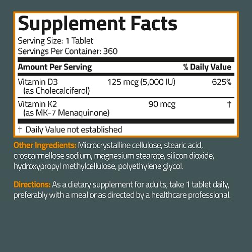 Bronson Basics Vitamin K2 D3 (MK7) Supplement Non-GMO Formula 5000IU (125 mcg) Vitamin D3 & 90 mcg Vitamin K2 MK-7 Easy to Swallow Vitamin D & K Complex, 360 Tablets