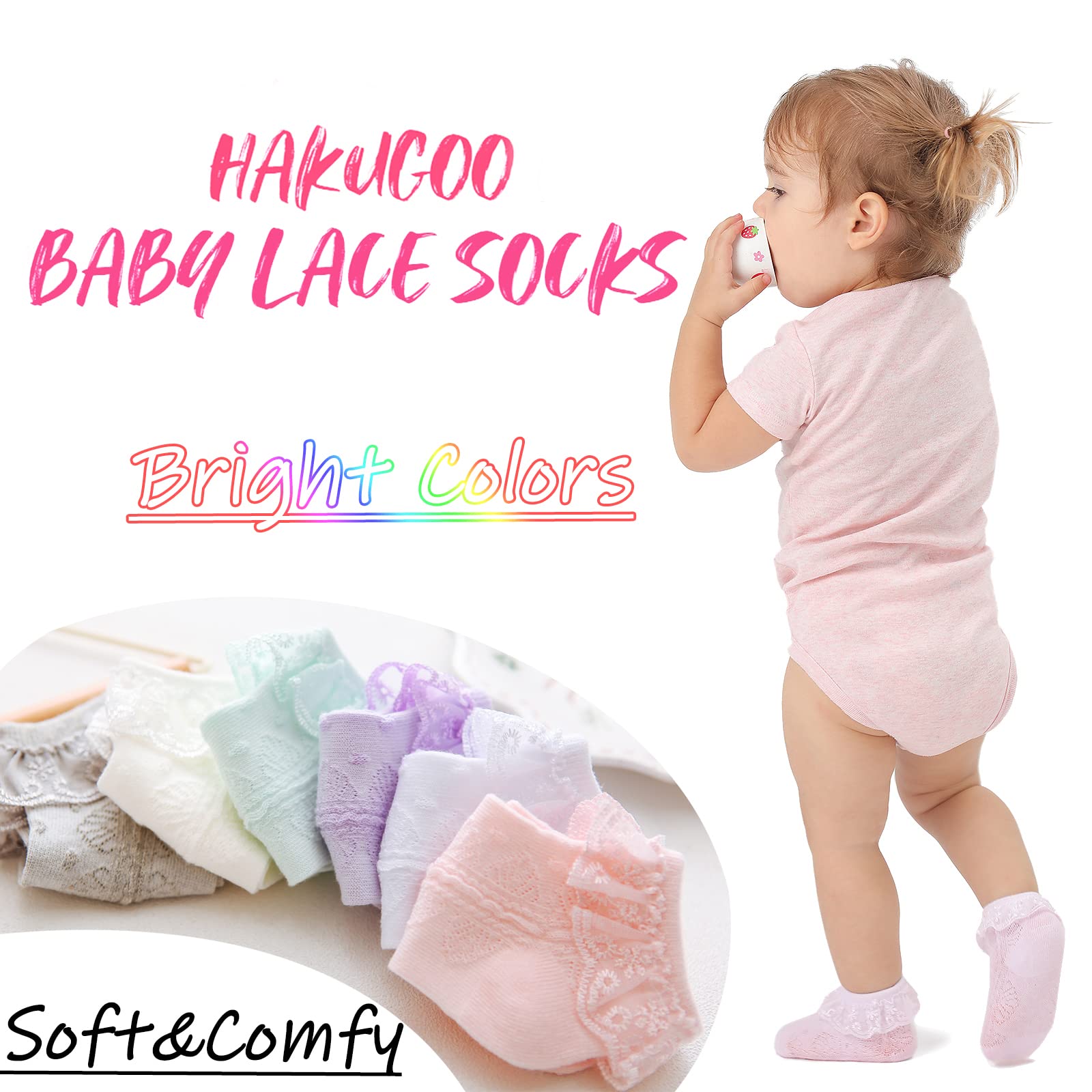hakugoo Baby Girl Lace Socks Eyelet Ruffle Socks 6 Pairs Pack Princess Dress Socks Infant Toddler, White Ivory Pink Purple Green Grey,6-12 Months