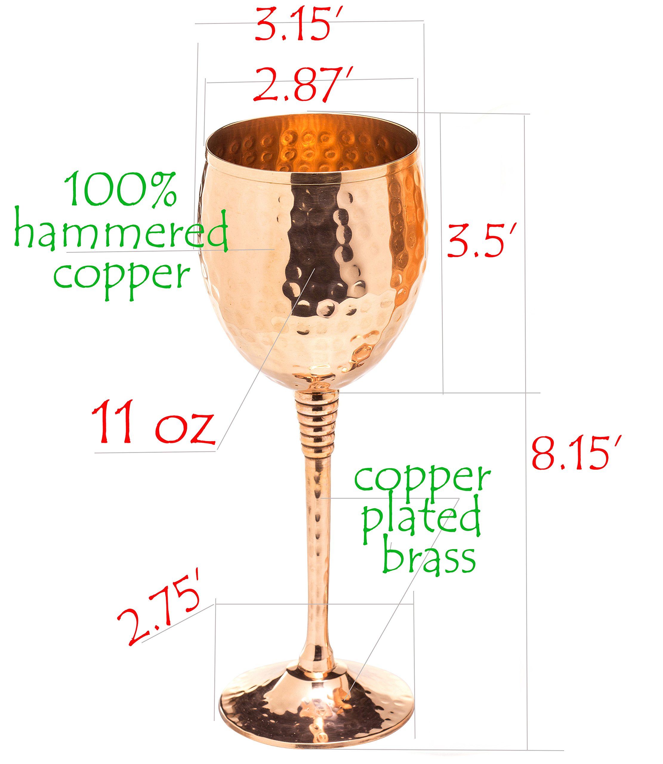 Copper wine glasses set of 2 β 11oz gleaming 100% solid hammered copper wine cups on brass copper plated stems β a gift for men and women β great glasses for red or white wine and Moscow mules