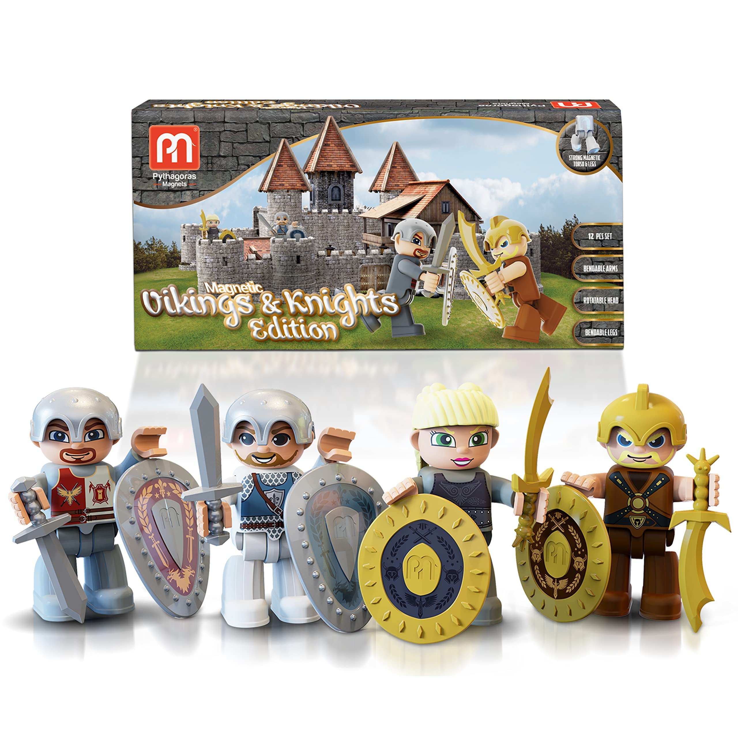 Pythagoras Magnetics Magnetic Figures Set with Knights and Vikings, Interactive Early Learning STEM Toys for Boys and Girls, Action Figures for Building Blocks and Tiles, Fun 12 pc. Add-On Kit