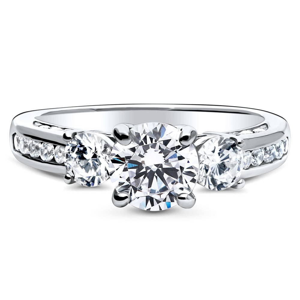 BERRICLE Sterling Silver 3-Stone Wedding Engagement Rings Round Cubic Zirconia CZ Promise Ring for Women, Rhodium Plated Size 7