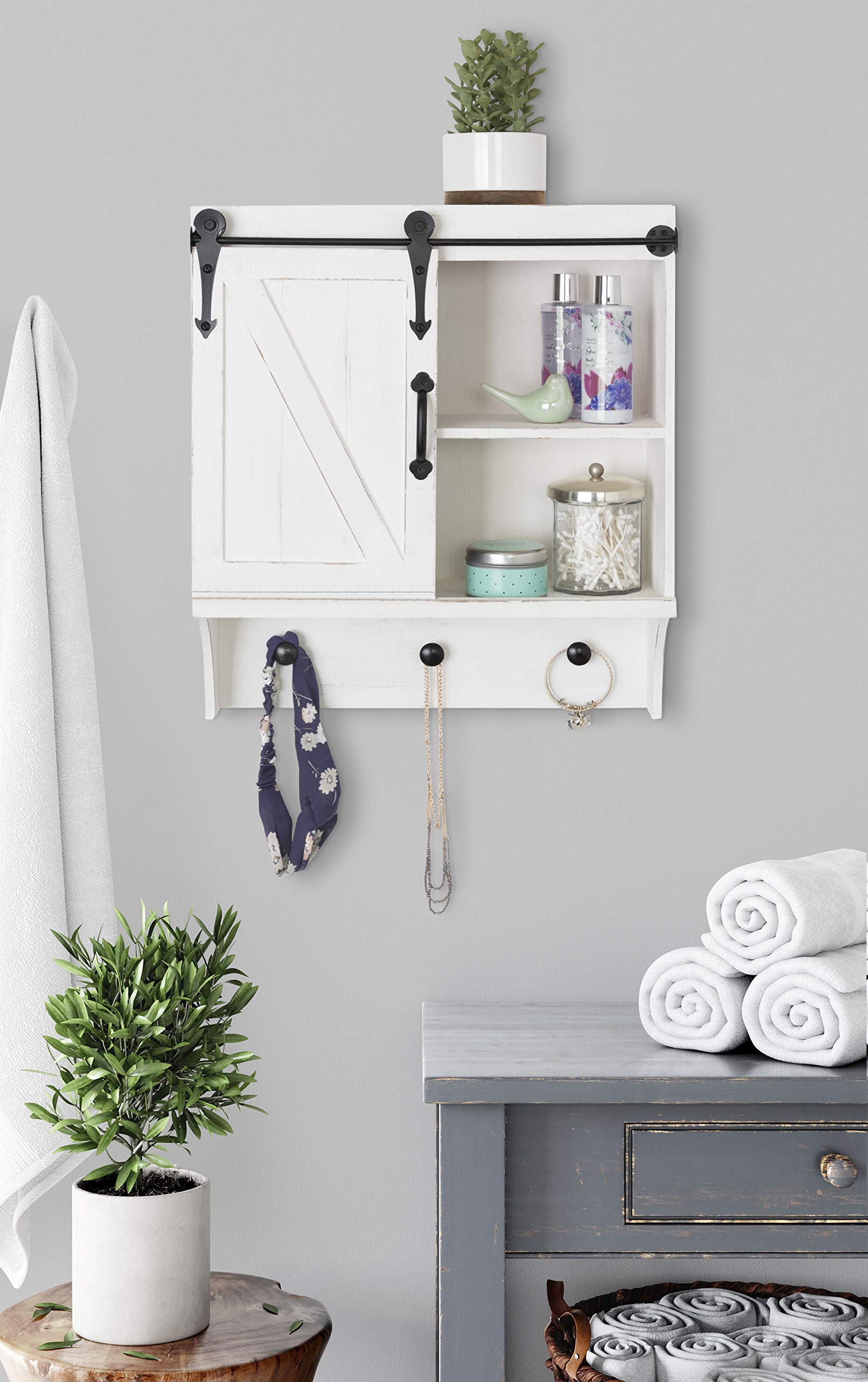 Kate and Laurel Cates Decorative Farmhouse Cabinet Wall Organizer with Sliding Barn Door and 3 Knobs, 18 x 8 x 20, White, Shabby-Chic Farmhouse-Inspired Mail and Key Holder for Wall