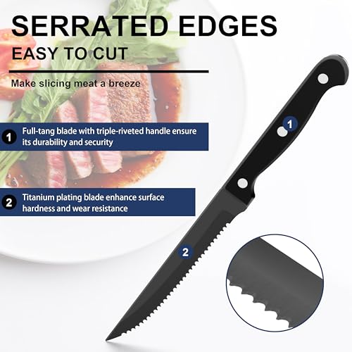 E-far 24-Piece Black Silverware Set with Steak Knives, Stainless Steel Flatware Cutlery Set for 4, Matte Black Metal Eating Utensils Sets Include Forks and Spoons Knife, Modern Design & Rust Proof