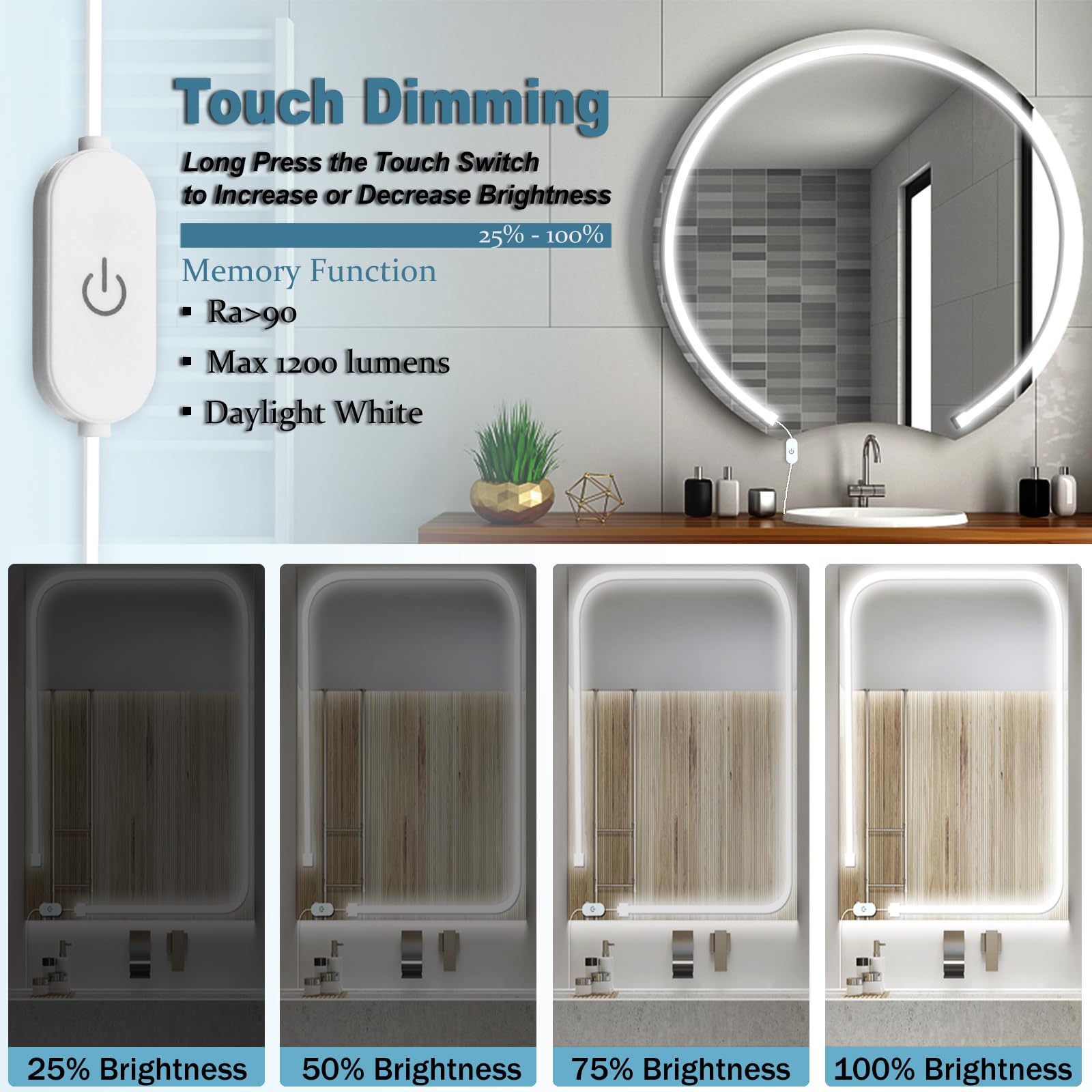 Blikshin LED Vanity Mirror Lights, Hollywood Style Makeup Lights, 10FT/6000K/Dimmable/12V Adapter/Self-Adhesive Strip Lights for Mirror, Lighting for Makeup Vanity Table & Bathroom Mirror