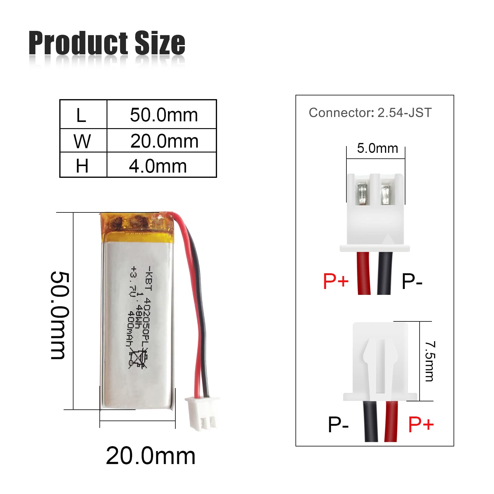 KBT 3.7V 400mAh Li-Polymer Battery: 402050 Lipo Rechargeable Lithium-ion Replacement Batteries with JST Connector