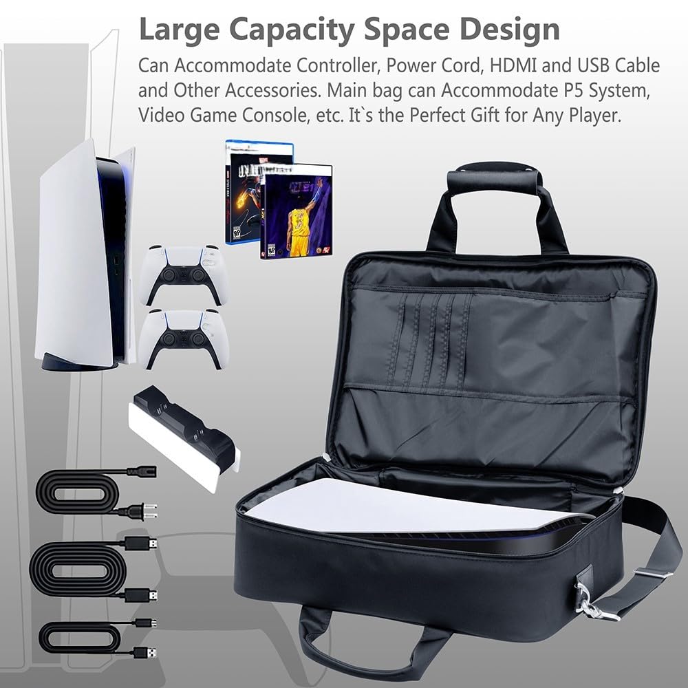 omarando Gaming Console Carrying Case,Compatible with PS5 or PS5 Slim,Travel Carrying Bag for Game Controller and Accessories,Included Controller Protective Box (Black-White)
