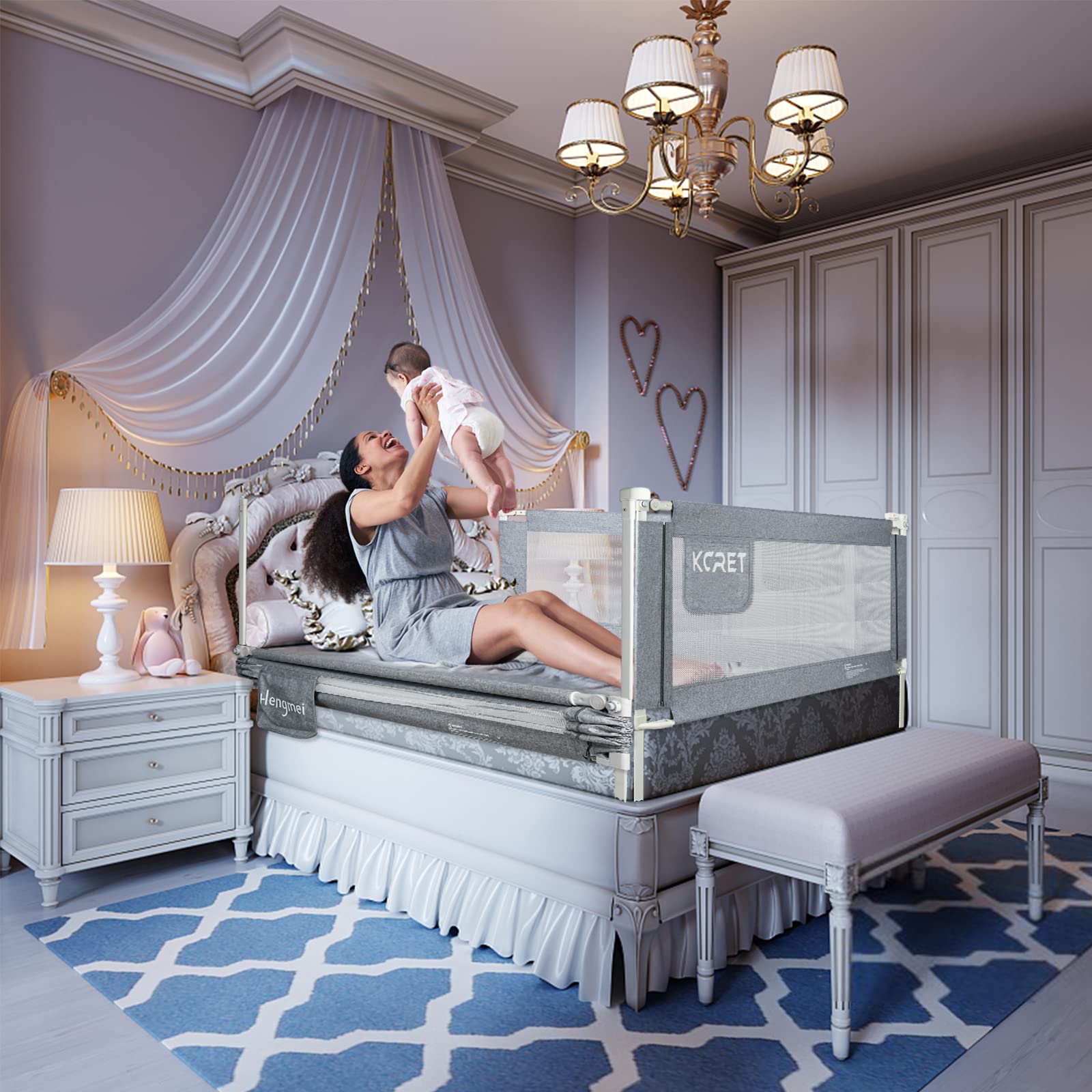 KCRET Bed Rail for Toddlers,Upgraded Infants Safety Bed Guardrail with Breathable Fabric for Twin, Double, Full-Size Queen & King Mattress (74.8"×30”, Gray)