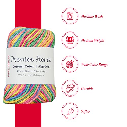 Premier Yarns Home Cotton Yarn, Ideal Knitting and Crochet Supplies, Made of Recycled Cotton, 96 yds, Rainbow