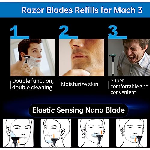 Razor Blades Refills for Mach3, Mens Razor Blades, Turbo Razor Blades Refills for Gillette, with Precision Cut Stainless Steel Blades for Gillette, for Longer Hair Hard to Shave Spots (40Pcs)