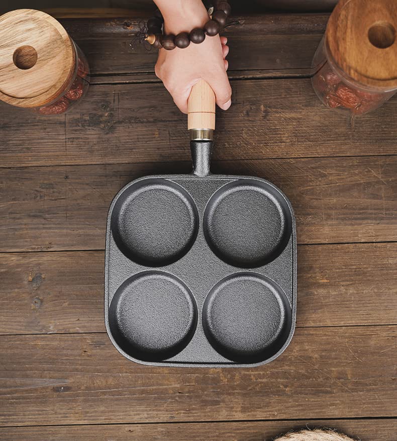 DJKG Uncoated Egg Frying Pan Egg Cooker Omelet Pan with 4-Cups Pancake Pan Cast Iron Cooker for Breakfast, Gas Stove & Induction Compatible Wooden Helper Handle
