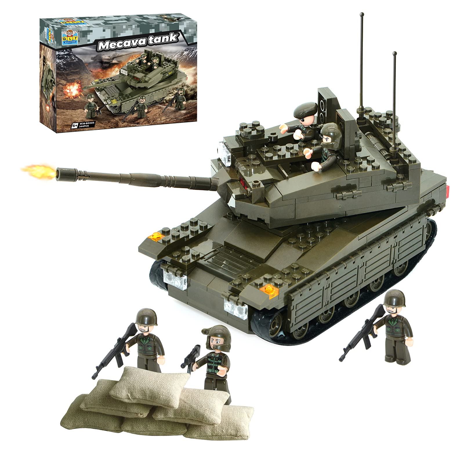 QLT Military Tank Building Blocks Set,Merkava WW2 Military Tank Armed Tank with 5 Soldier Figures,Toys Gift for Boys 8-12(343 Pcs)
