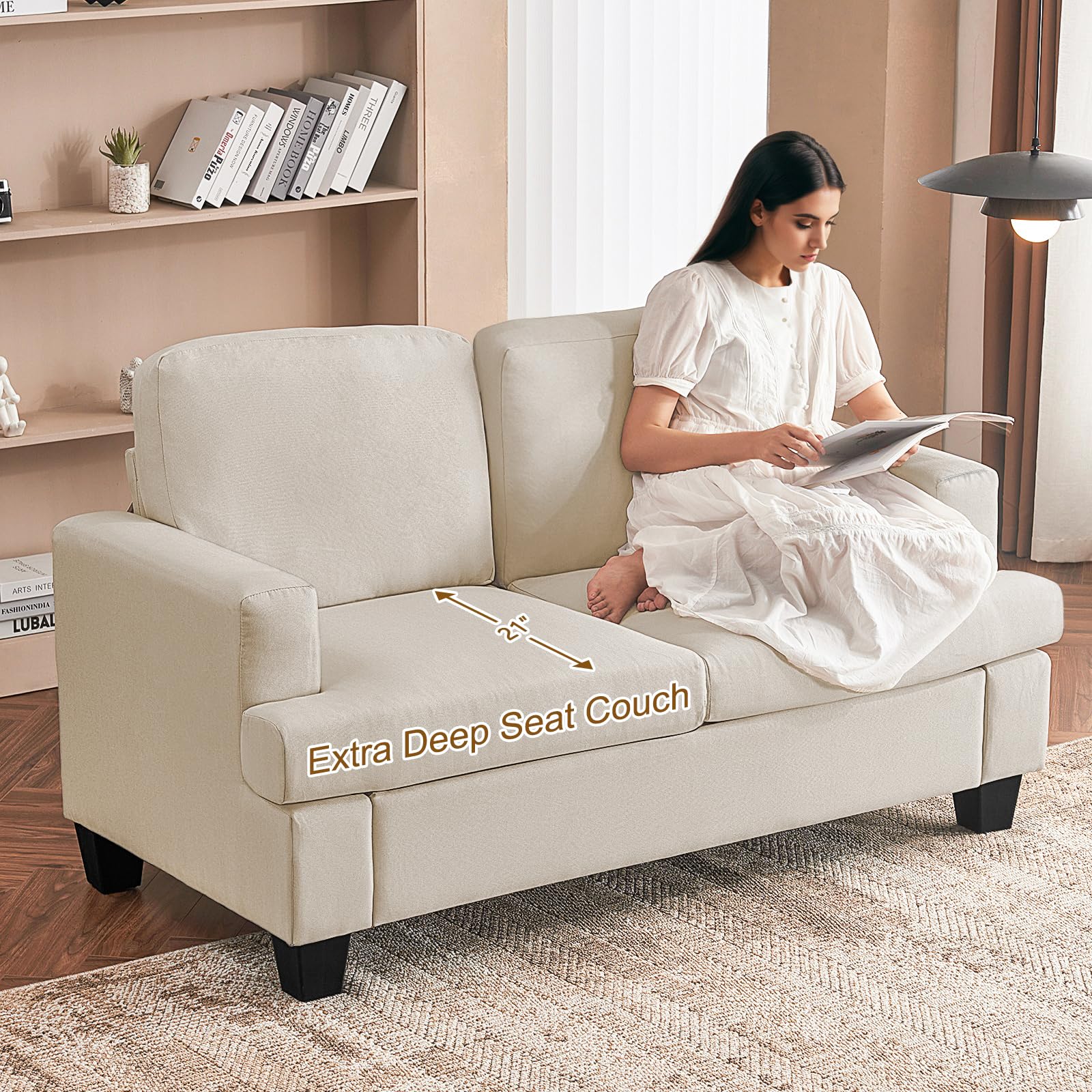 Furnimart Sectional Couches for Living Room, Modern Loveseat and 3 Seater Couch, Deep Seat Sofa Set, Beige Linen Sectional Sofa Cream Couch, Comfy Fluffy Couch with Removable Sofa Cover