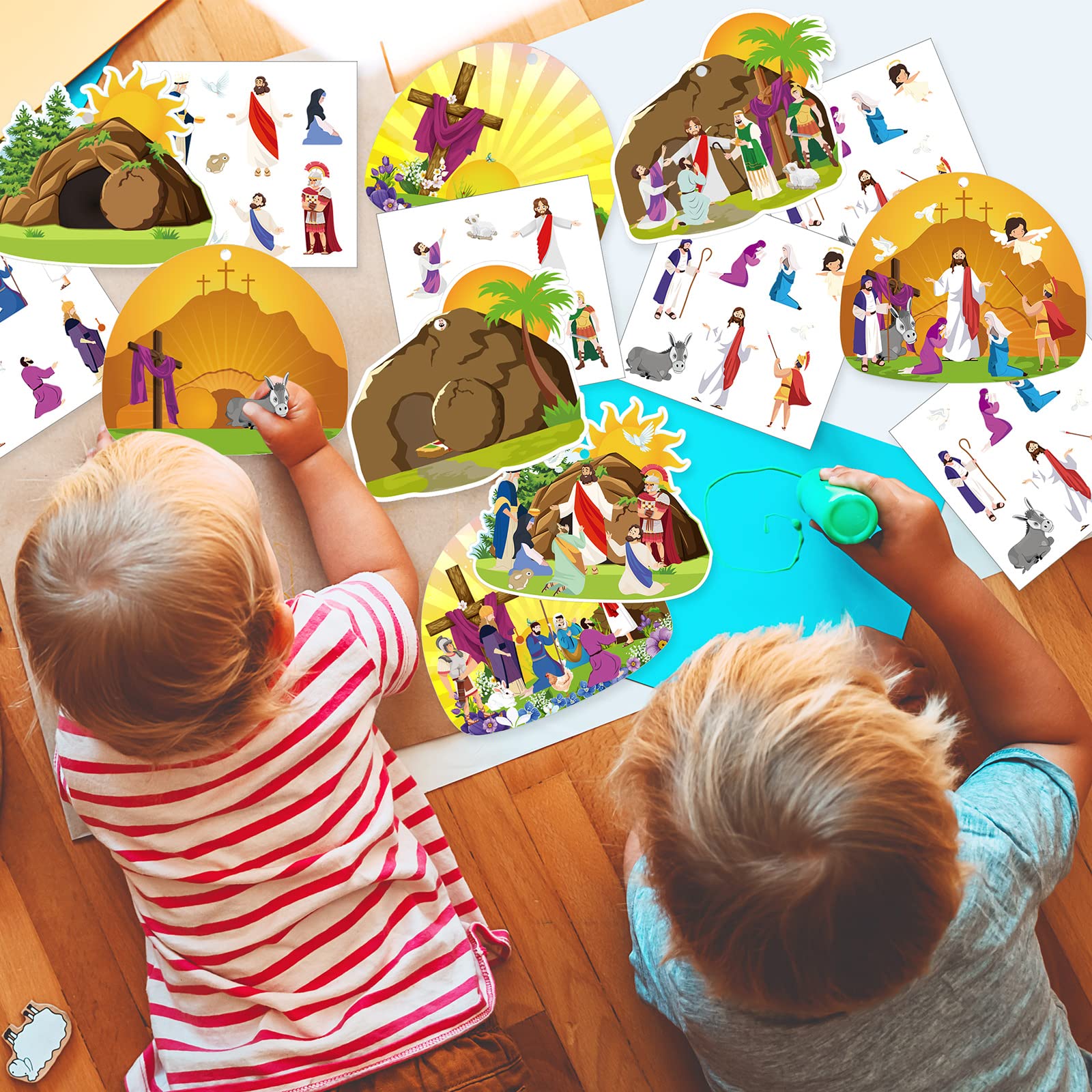 Censen 24 Pcs Make an Easter He Lives Sticker Scenes Easter Resurrection Stickers for Kids DIY Religious Craft for Easter Classroom Party Game Bible Games Religious Education Activity