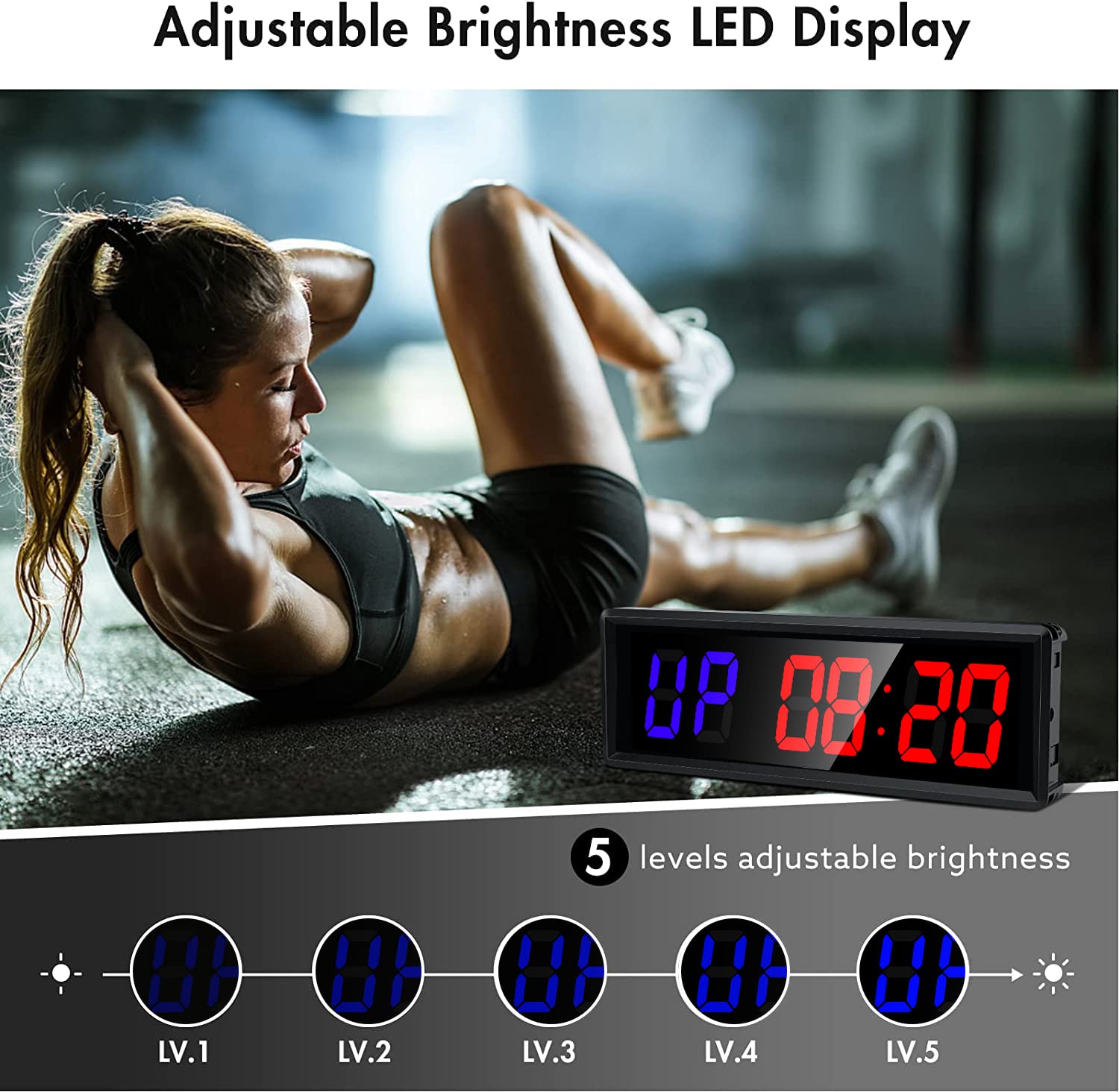 Seesii Gym Timer,LED Workout Colck Count Down/Up Clock,11.5" x 4" Ultra-Clear Digital Display, Power Bank Compatible with Workout Metal Stopwatch, Multi-Scenes with Remote (1.5 Inch Blue Red)