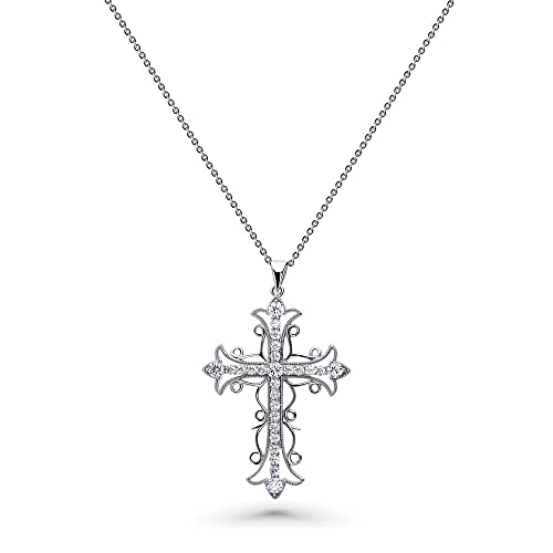 BERRICLE Sterling Silver Cross Cubic Zirconia CZ Milgrain Pendant Necklace for Women, Rhodium Plated