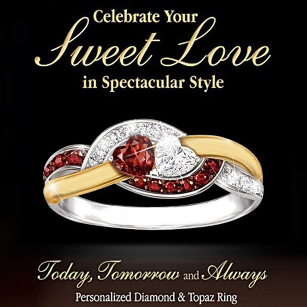 Rings by Sunlucky Women's Twin Love Hearts Inlaid Red Zircon Ring Gift Idea Engagement Anniversary Jewelry Gift Under 5 Dollars (Silver, 6)