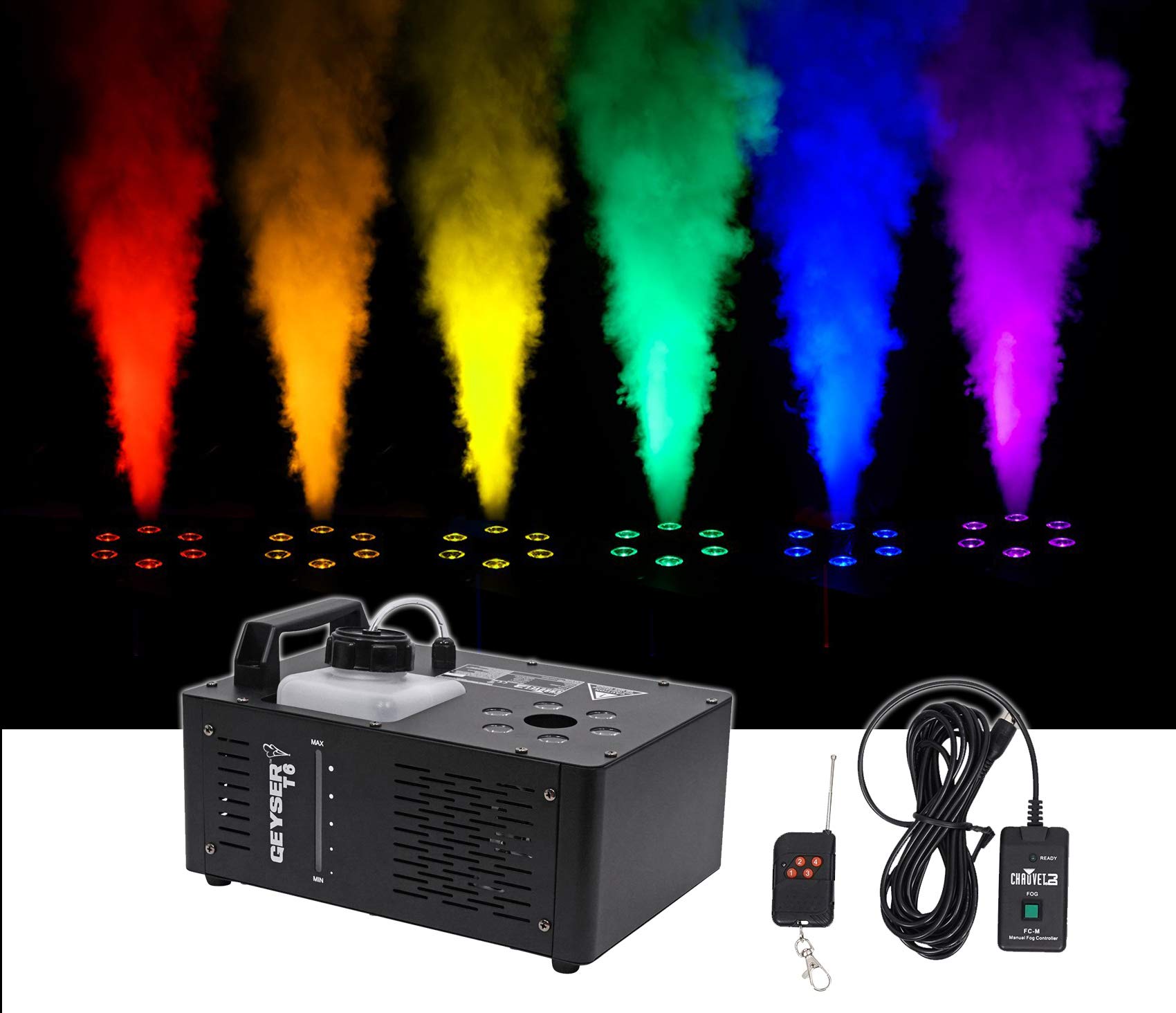 Chauvet DJ Geyser T6 Fog Machine Fogger, RGB Pyrotechnic Light FX+Remote+Fluid