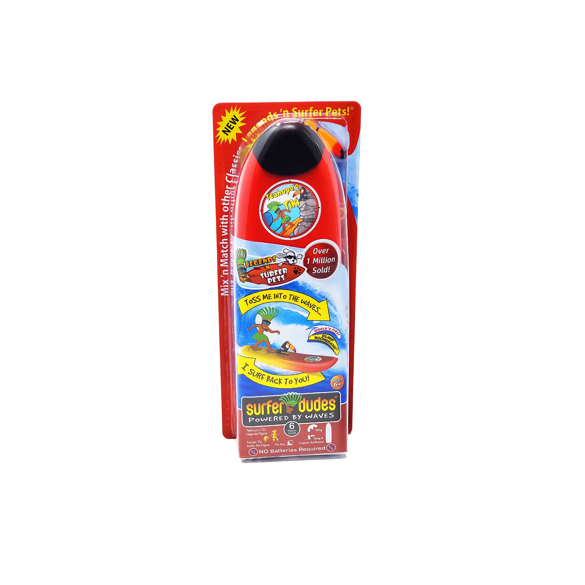 Surfer Dudes Legends & Surfer Pets Wave Powered Mini-Surfer, Pet and Surfboard Beach Toy - Teahupo'o Tiki and Toucan Tiki