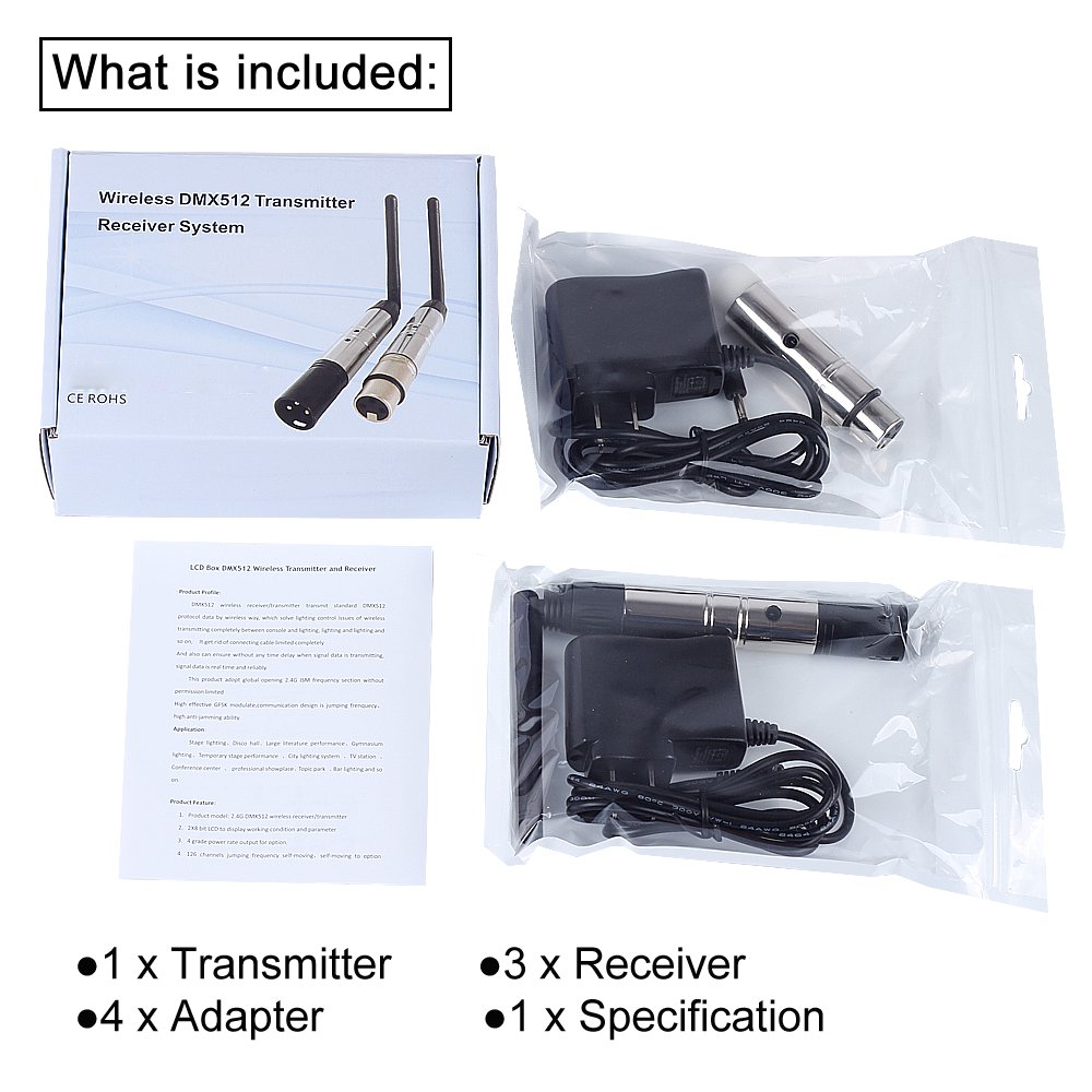 CHINLY 4pcs DMX512 DMX Dfi DJ 2.4G Wireless 3 Receiver with Light Dome & 1 Transmitter LED Lighting Control Short version for LED Stage Par Party Light