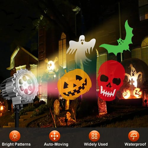 Beforalla Brighter Halloween Decorations Projector Lights Outdoor 2023 Upgrade, Halloween Skeleton Ghost Bats Pumpkin Decor Light for Outside The House/Window/Garden (YU01)