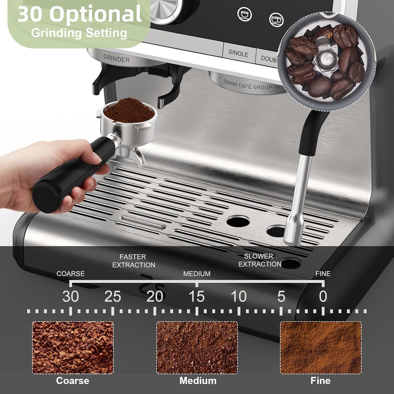 Expresso Coffee Machines With Grinder, Espresso Machine 20 Bar With 2.8 L Water Tank, Semi-Automatic Espresso Maker With Milk Frother Steamer Wand For Cappuccino, Latte, Macchiato