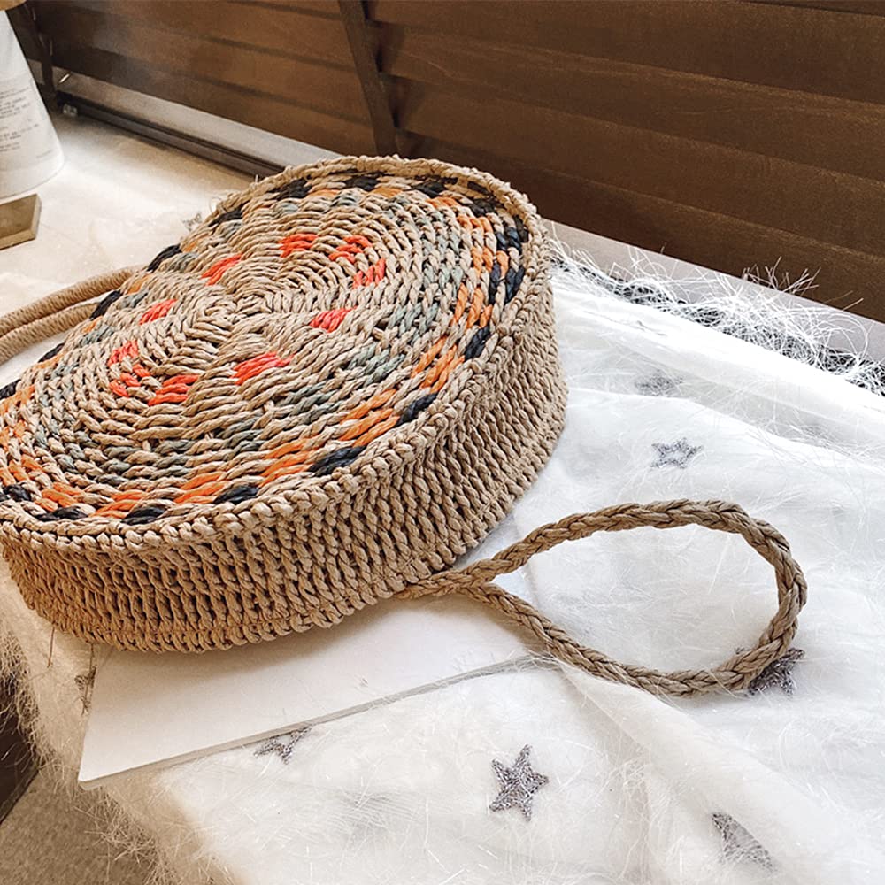 QTKJ Hand-woven Boho Women Straw Summer Beach Bag, Colorful Round Rattan Bag Cross Body Bag Shoulder Messenger Satchel (Khaki)