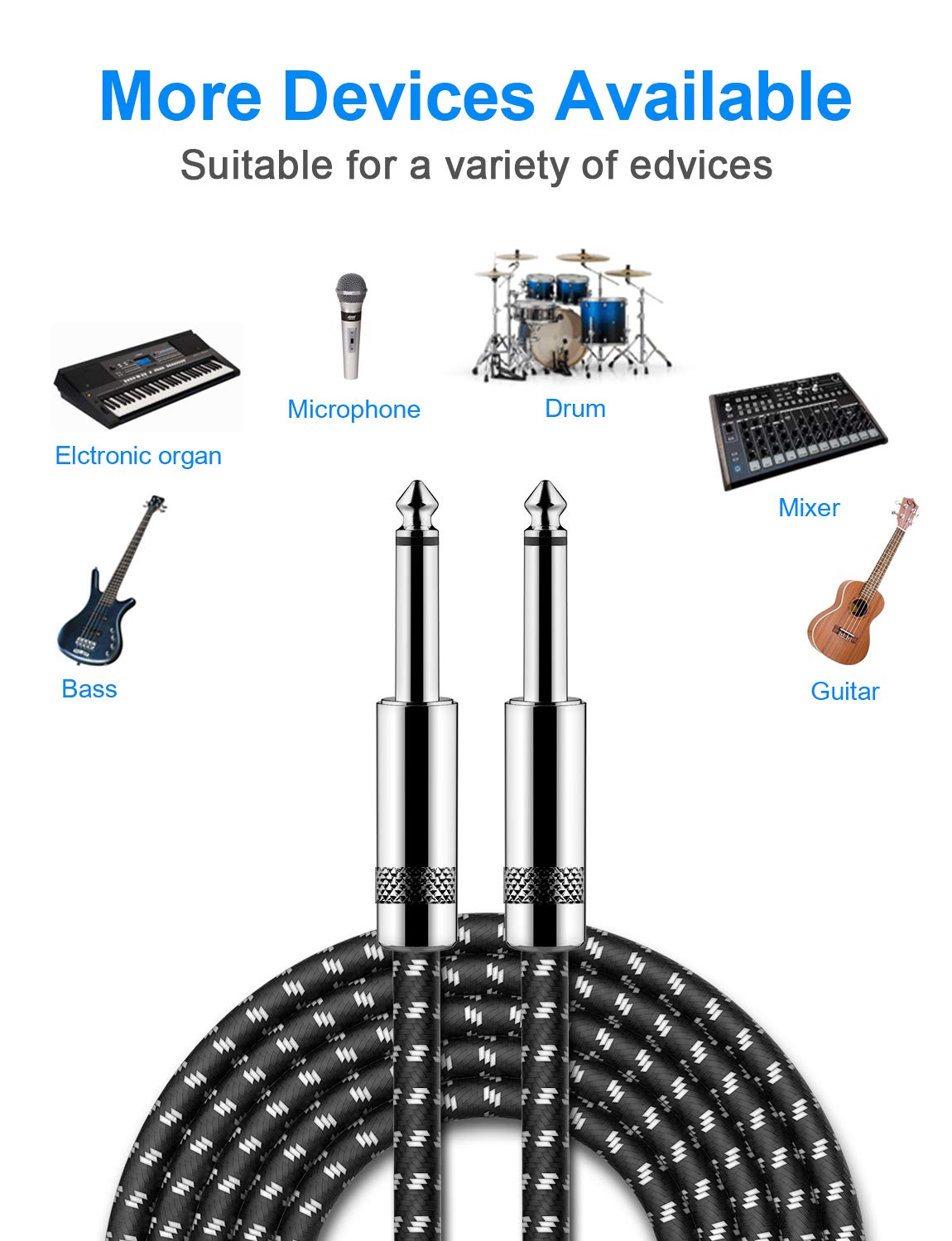 RIYO Guitar Cable 10 Feet Electric Instrument Cable 1/4 inch Straight to Straight for Electric Guitar, Bass Guitar, Keyboard, Pro Audio(Black-White)