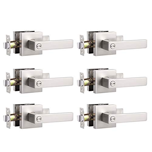 Knobonly 6 Pack Square Privacy Door Handle Keyless Lockset Brushed Nickel Bedroom Bathroom Interior Door Lever Locked Inside with Turn-Button