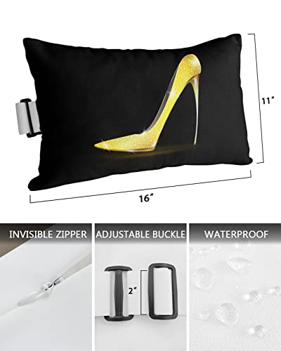 Outdoor Head Pillow for Chaise Lounge Chair,Golden Glowing High Heels Waterproof Throw Pillow with Insert,Lumbar Recliner Pillows for Garden Beach,Women Black Back Patio Pillow with Elastic Strap