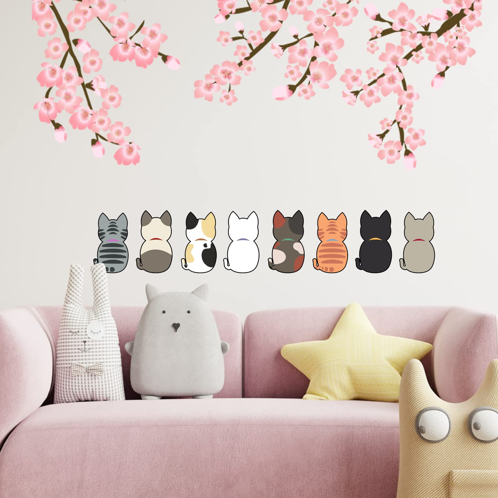 Cute Cat Wall Stickers Peel and Stick Cherry Blossom Wall Decals Kawaii Animal Nursery Wall Decor Baby Kids Bedroom Art Decoration