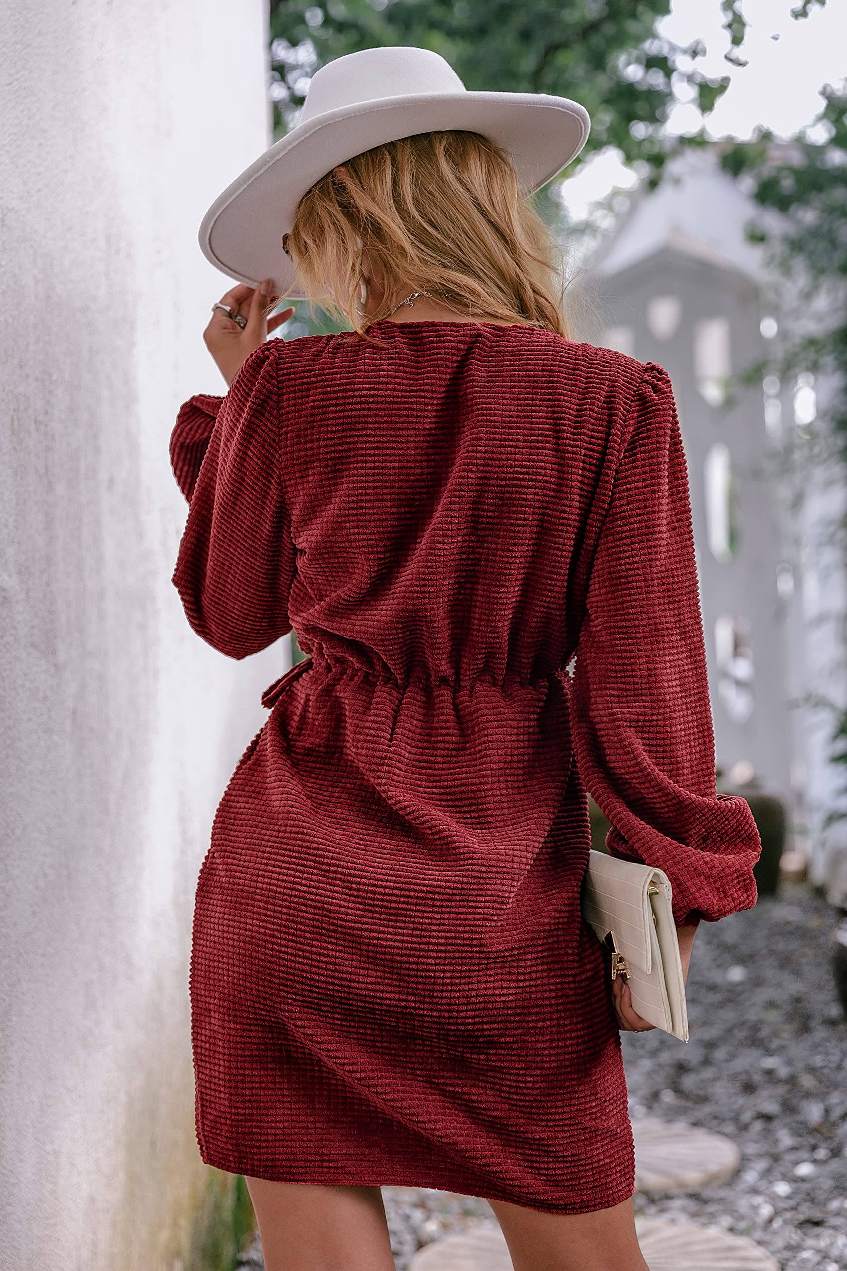 BerryGo Women's 2023 Elegant Velvet Wrap Long Balloon Sleeve Party Dresses Deep V Neck Cocktail Mini Fall Dress Wine Red,XL