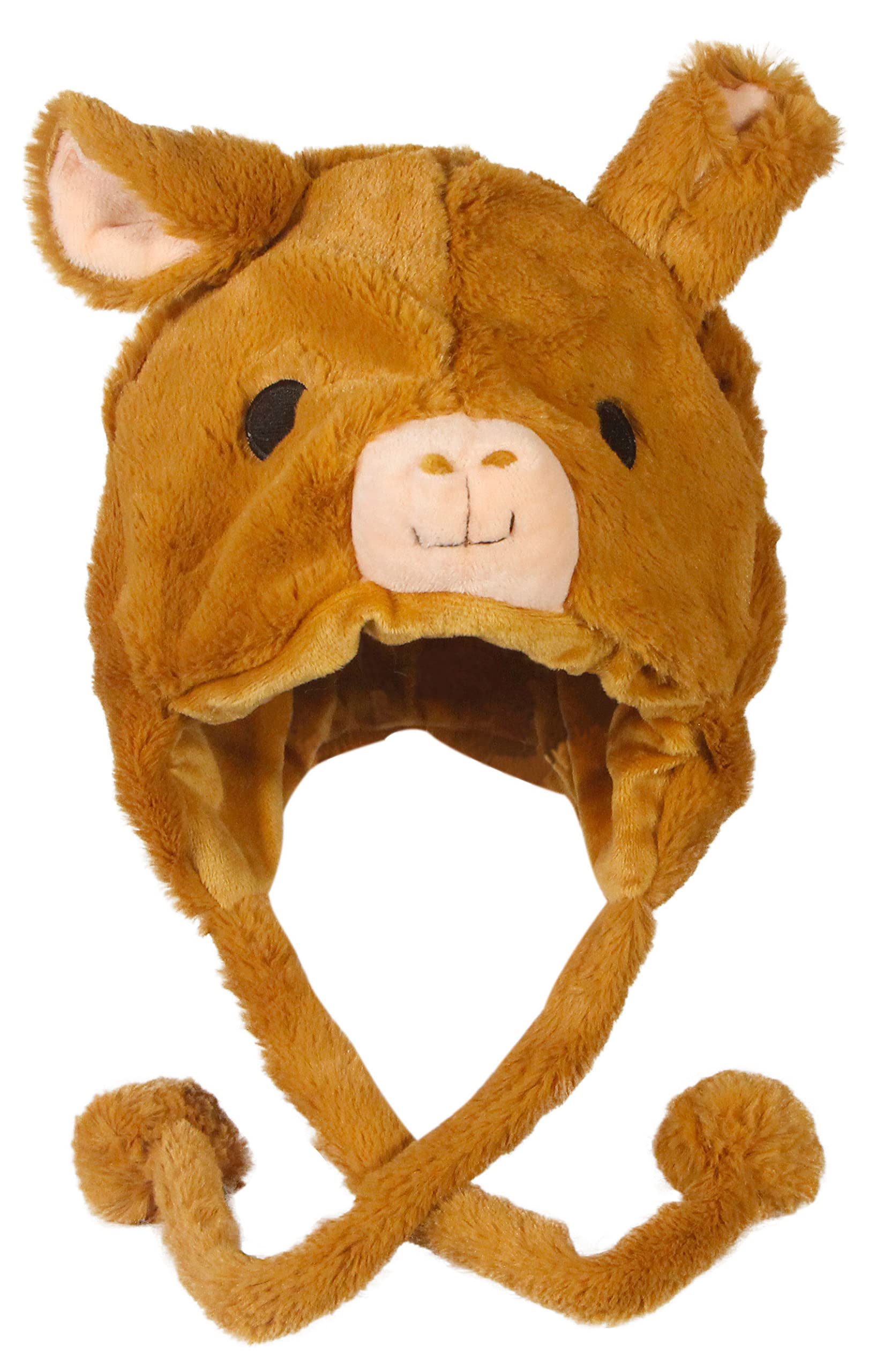 Timiot Cute Plush Animal Character Winter Hat Fun Ski Cap with Detailed Animal Face Long Ear Straps with Pom Pom Ends (Monkey)
